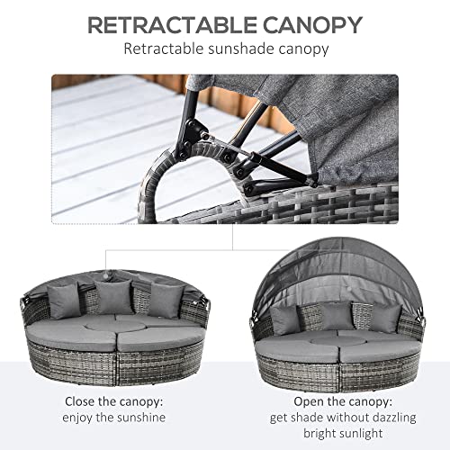 Outsunny 4pc Rattan Patio Furniture Set, Round Convertible Daybed or Sunbed, Adjustable Sun Canopy, Sectional Outdoor Sofa, 2 Chairs, Extending Tea Table, 3 Pillows, PE Plastic Wicker, Gray