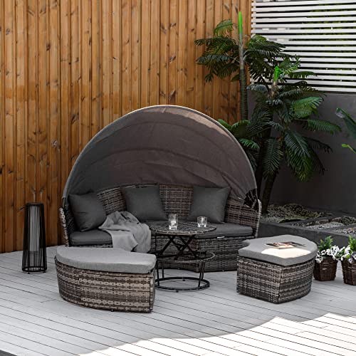Outsunny 4pc Rattan Patio Furniture Set, Round Convertible Daybed or Sunbed, Adjustable Sun Canopy, Sectional Outdoor Sofa, 2 Chairs, Extending Tea Table, 3 Pillows, PE Plastic Wicker, Gray