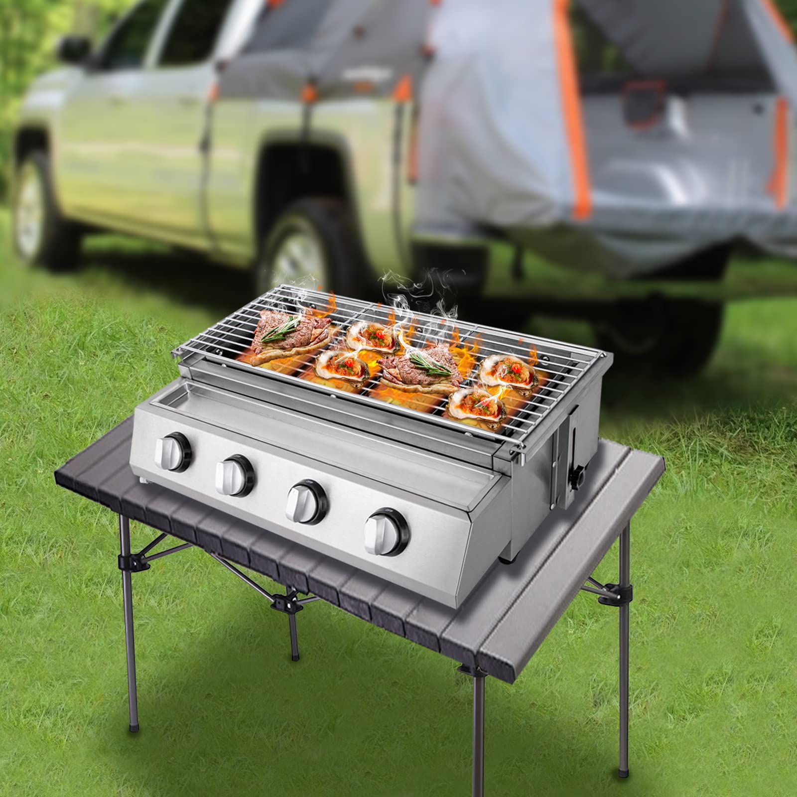 4 Burners BBQ Gas Grill, Commercial Gas Grill Griddle, Gas Indoor/Outdoor Grill BBQ Grill with Temperature Control, Flat Hotplate Smokeless Grill