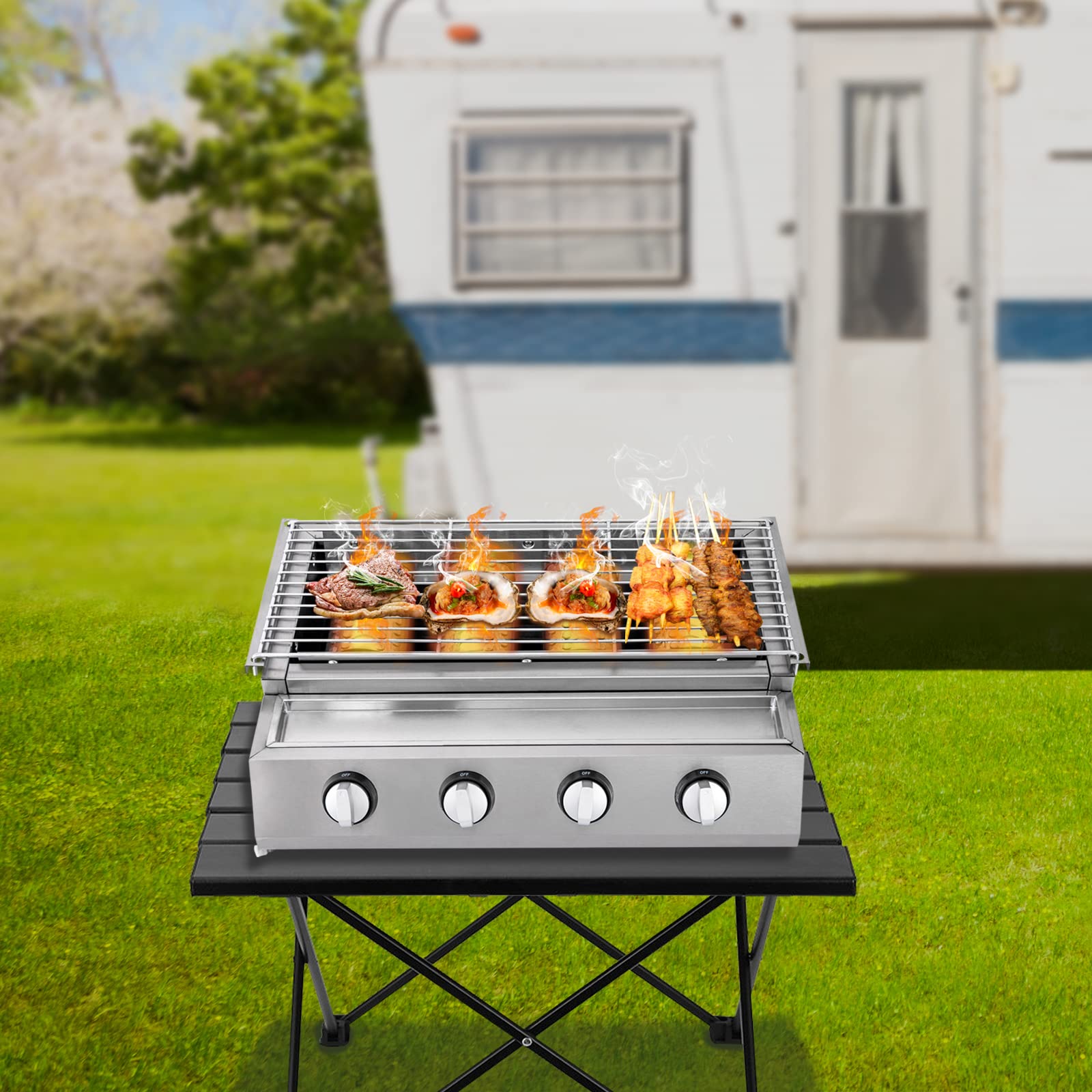 4 Burners BBQ Gas Grill, Commercial Gas Grill Griddle, Gas Indoor/Outdoor Grill BBQ Grill with Temperature Control, Flat Hotplate Smokeless Grill