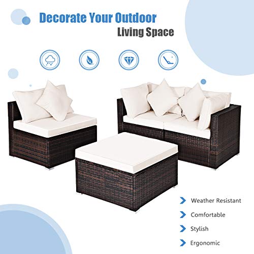 HAPPYGRILL 4-Pieces Patio Furniture Set Rattan Wicker Conversation Set with Ottoman Outdoor Sectional Sofa Set with Cushion & Pillow for Garden Lawn Balcony Backyard