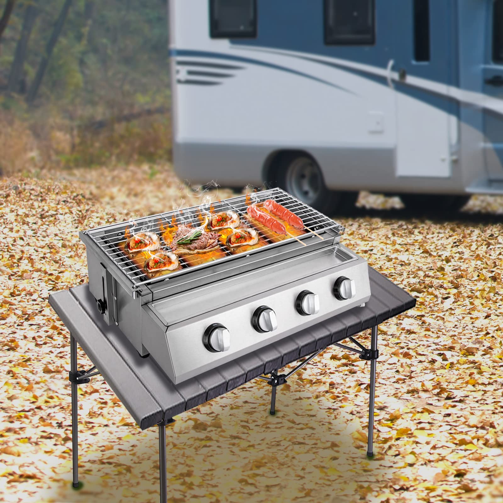 4 Burners BBQ Gas Grill, Commercial Gas Grill Griddle, Gas Indoor/Outdoor Grill BBQ Grill with Temperature Control, Flat Hotplate Smokeless Grill