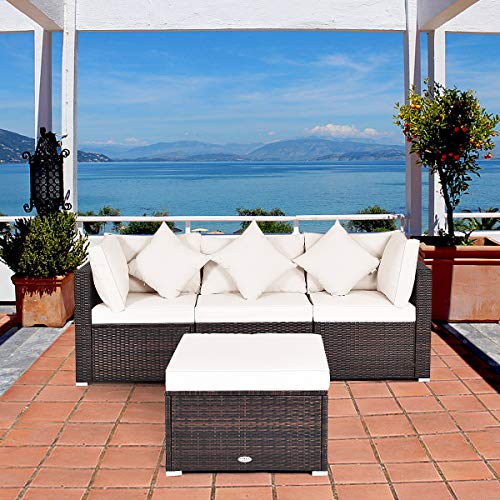 HAPPYGRILL 4-Pieces Patio Furniture Set Rattan Wicker Conversation Set with Ottoman Outdoor Sectional Sofa Set with Cushion & Pillow for Garden Lawn Balcony Backyard