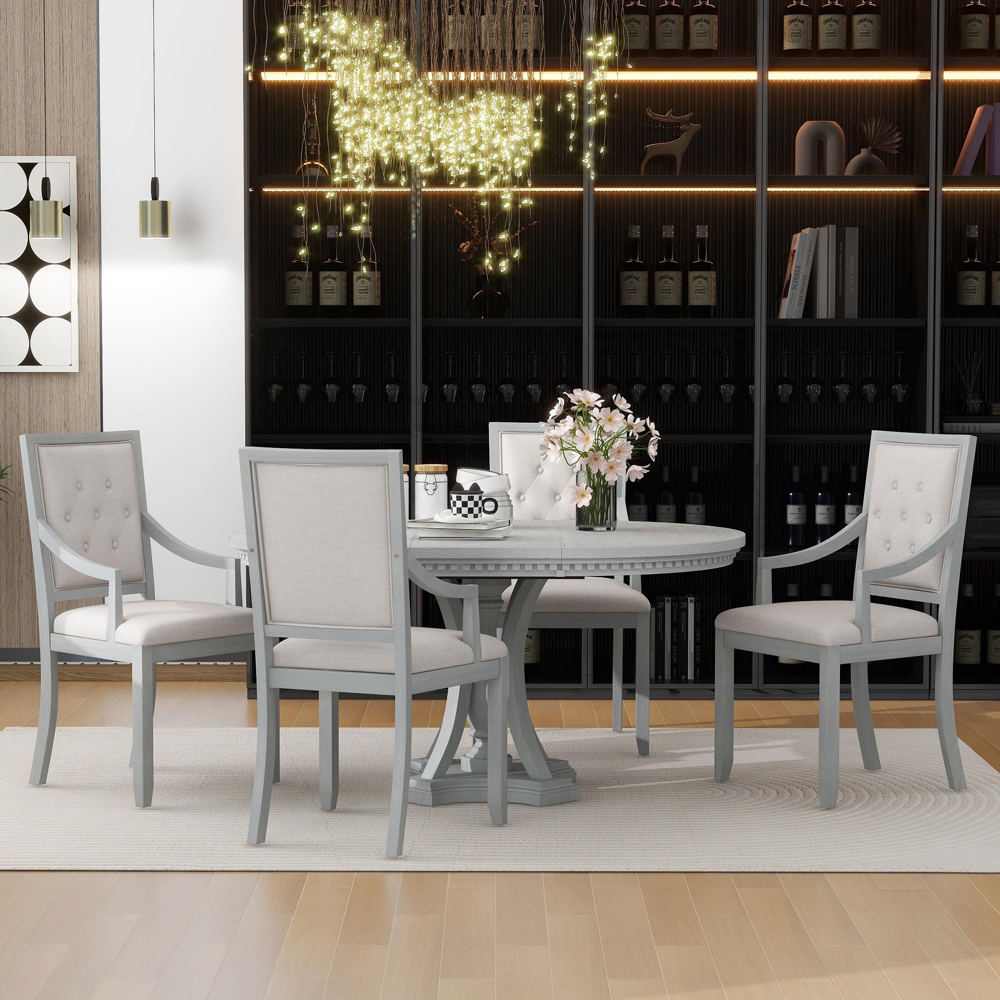 SIYSNKSI Retro 5-Piece Dining Table Set, Extendable Round Table with 4 Chairs, Solid Wood Kitchen Set for Kitchen Dining Room, Kitchen Furniture Set for 4 (Antique Gray + MDF-45)
