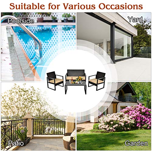 Tangkula 4-Piece Patio Rattan Furniture Set, Outdoor Conversation Set w/Seat Cushions & Coffee Table, Sturdy Metal Frame, Sectional Wicker Sofa Set for Garden, Backyard, Poolside (1, Light Brown)