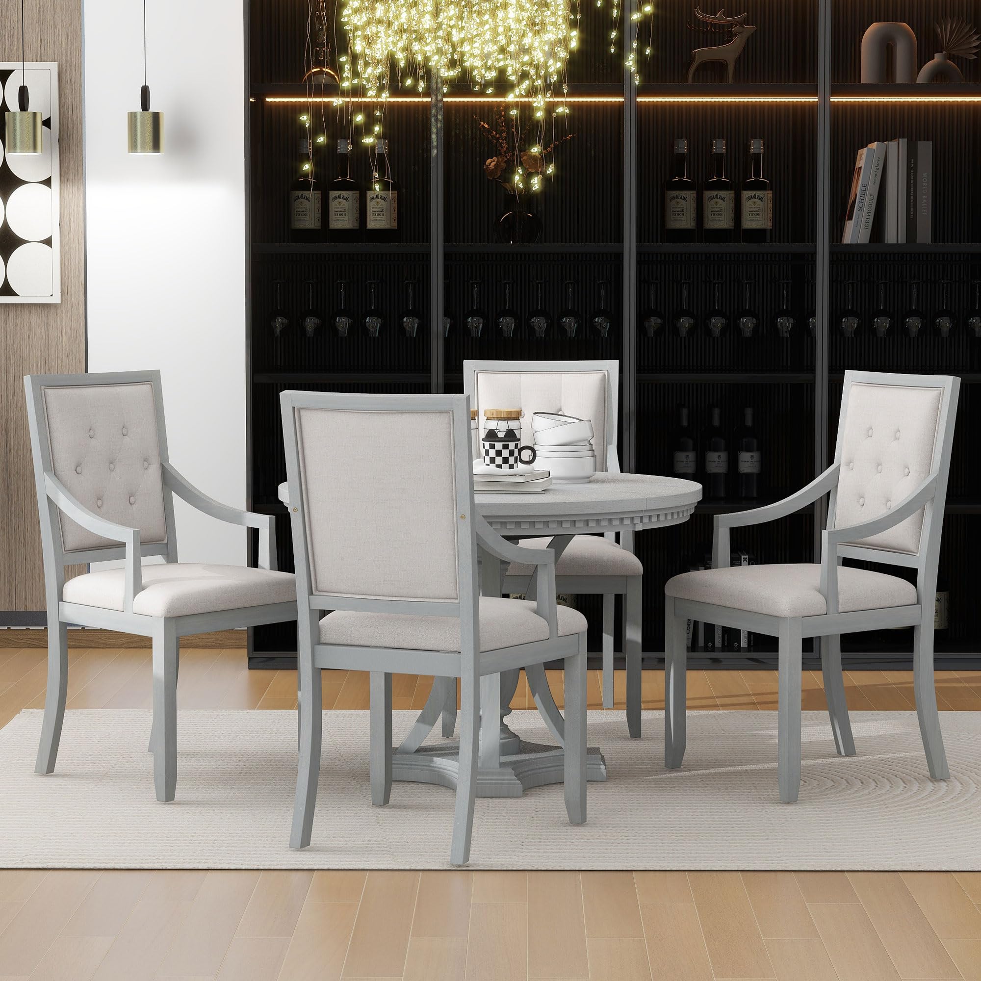 SIYSNKSI Retro 5-Piece Dining Table Set, Extendable Round Table with 4 Chairs, Solid Wood Kitchen Set for Kitchen Dining Room, Kitchen Furniture Set for 4 (Antique Gray + MDF-45)