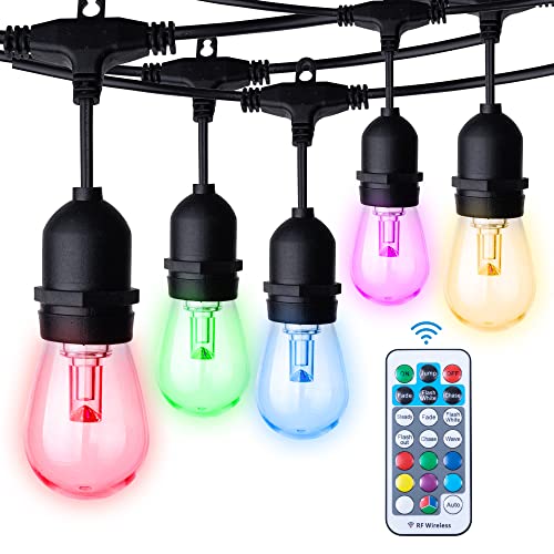 48FT Outdoor RGB String Lights with 15 S14 E26 Waterproof LED Bulbs, String Lights Patio Lights with Remote Control for Bistro Backyard Garden Cafe Pergola-15 Bulb