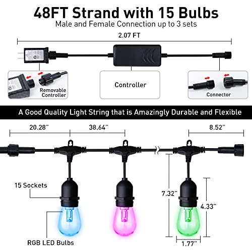 48FT Outdoor RGB String Lights with 15 S14 E26 Waterproof LED Bulbs， String Lights Patio Lights with Remote Control for Bistro Backyard Garden Cafe Pergola-15 Bulb