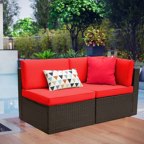 Devoko 2 Pieces Patio Furniture Sofa Sets Outdoor All-Weather Sectional Corner Sofa and Armless Sofa (Red)