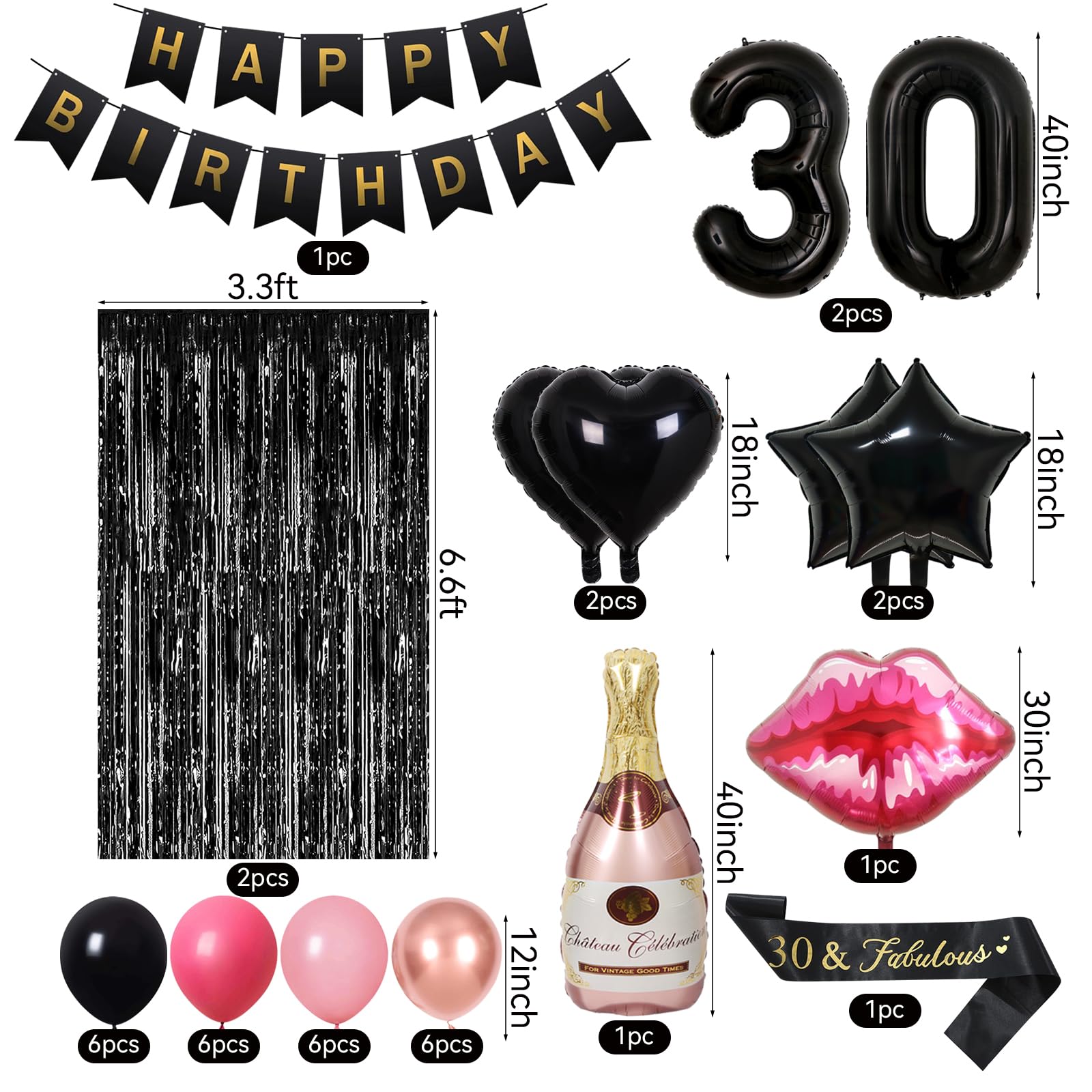 30th Birthday Decorations for Women, Black Pink 30 Birthday Decorations for Her, Black 30 Balloon Numbers, 30th Birthday Sash, Happy Birthday Banner, Dirty 30 Decorations for Her