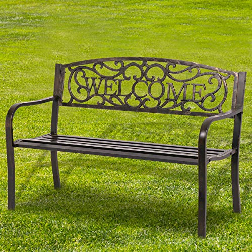 50" Patio Garden Outdoor Bench w/Welcoming Vines Decorative & Armrest Metal Park Bench Antique Bronze Outside Patio Furniture for Front Porch, Backyard, Lawn, Garden, Pool, Dec