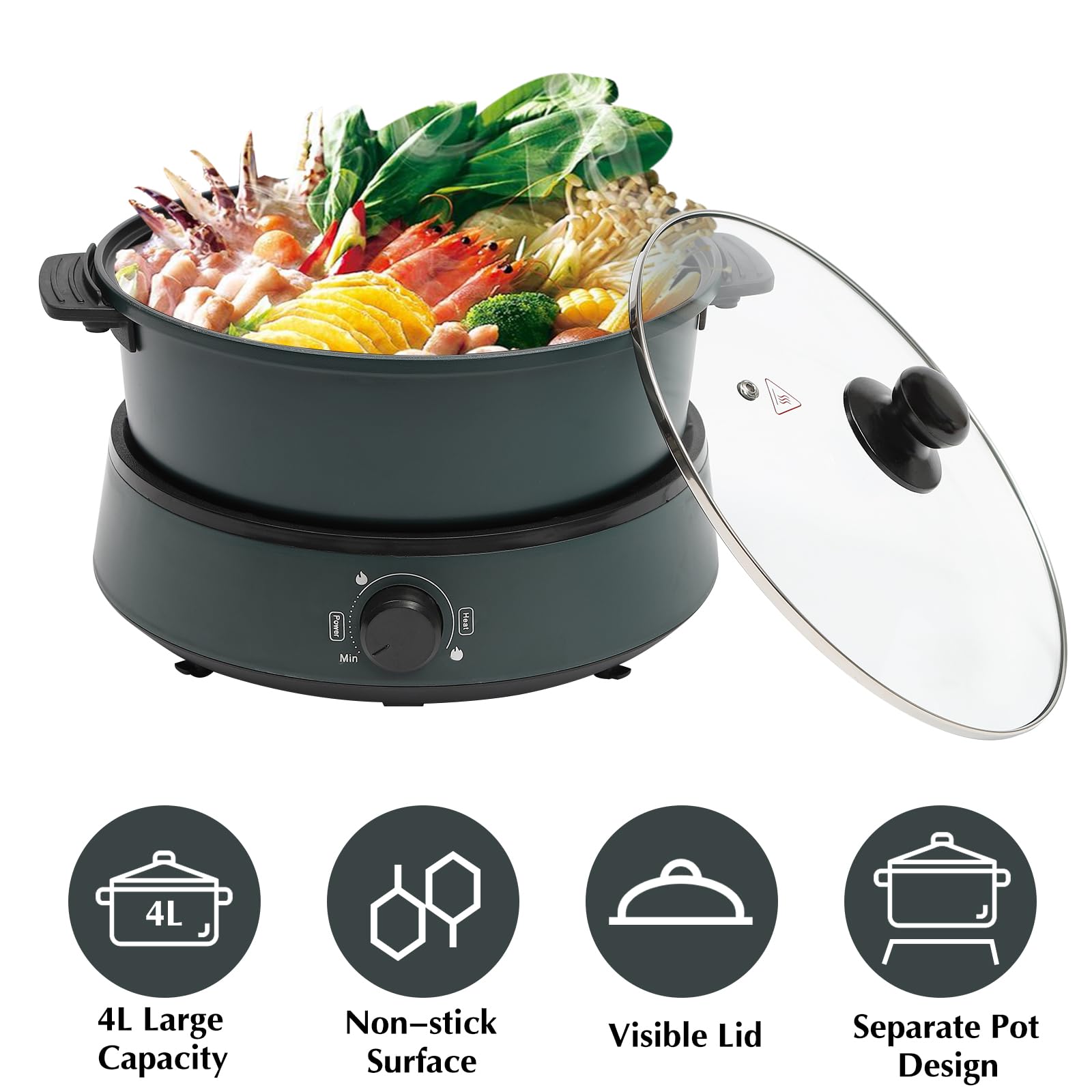 1350W 4.2Qt Electric Hot Pot with Lid, Electric Skillet, Adjustable Temperature, for Boiling Steaming Baking, 12.8 * 8.66 * 11.42 inch, 110V, Aluminum, Iron