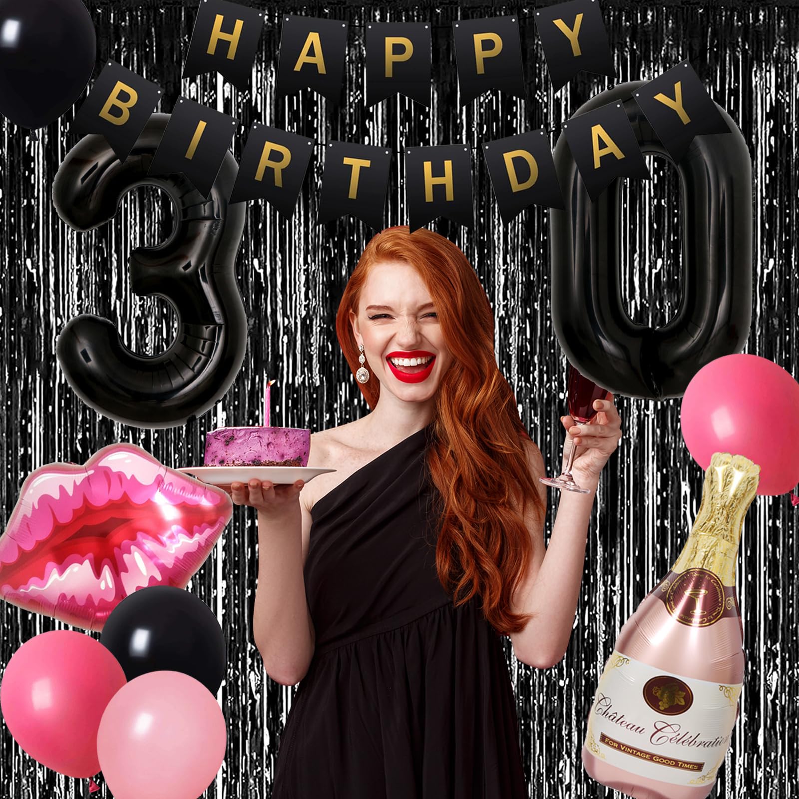 30th Birthday Decorations for Women, Black Pink 30 Birthday Decorations for Her, Black 30 Balloon Numbers, 30th Birthday Sash, Happy Birthday Banner, Dirty 30 Decorations for Her