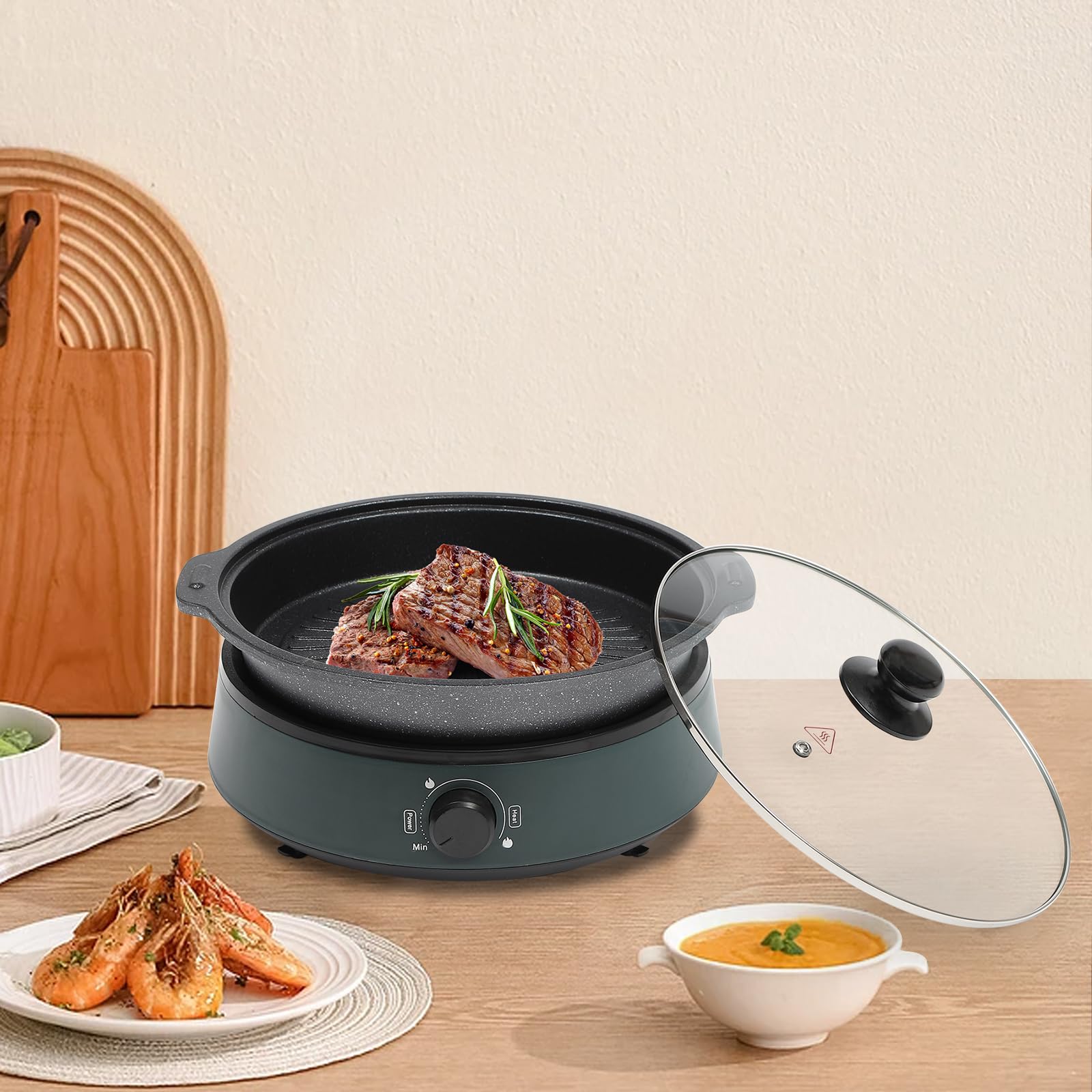 1350W 4.2Qt Electric Hot Pot with Lid, Electric Skillet, Adjustable Temperature, for Boiling Steaming Baking, 12.8 * 8.66 * 11.42 inch, 110V, Aluminum, Iron