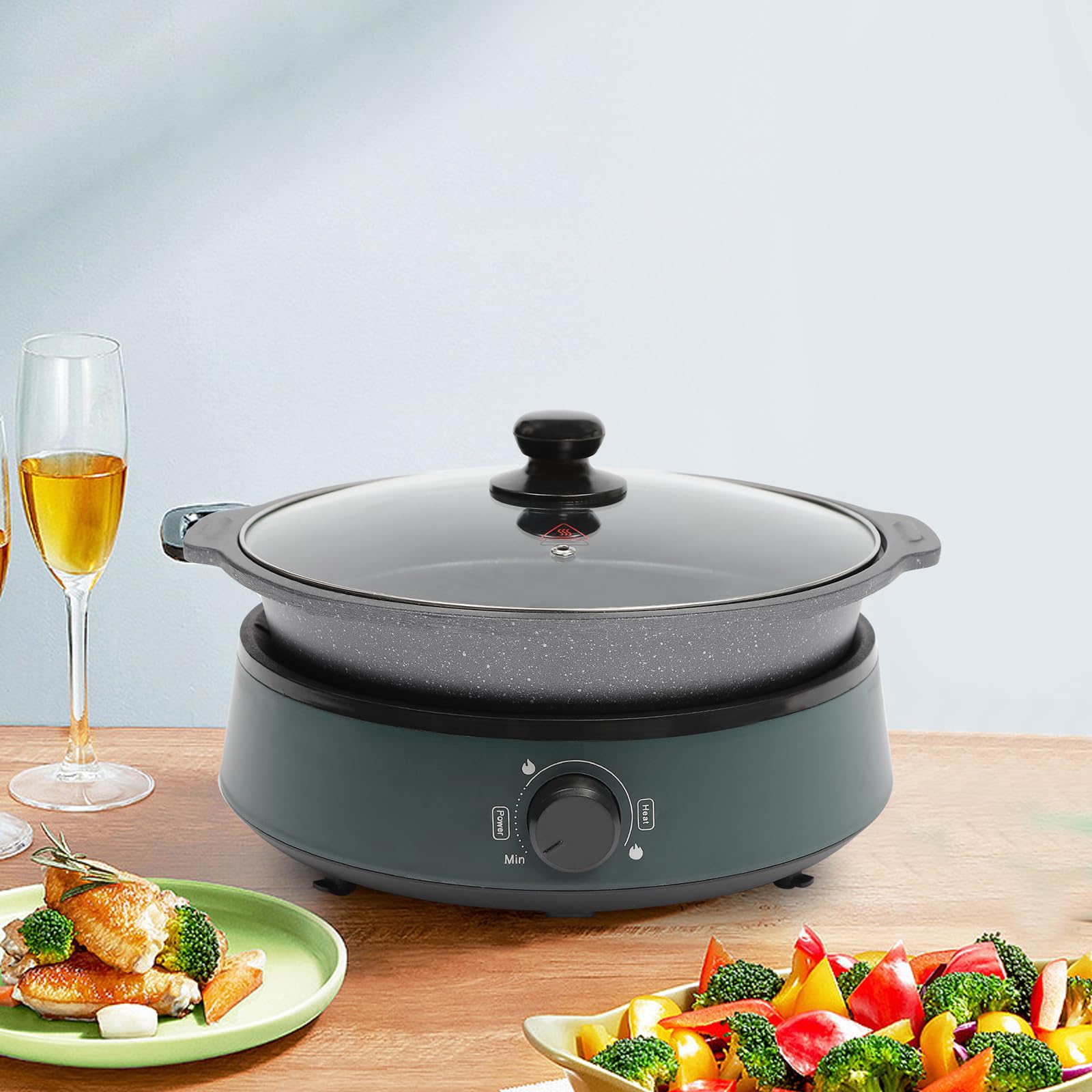 1350W 4.2Qt Electric Hot Pot with Lid, Electric Skillet, Adjustable Temperature, for Boiling Steaming Baking, 12.8 * 8.66 * 11.42 inch, 110V, Aluminum, Iron