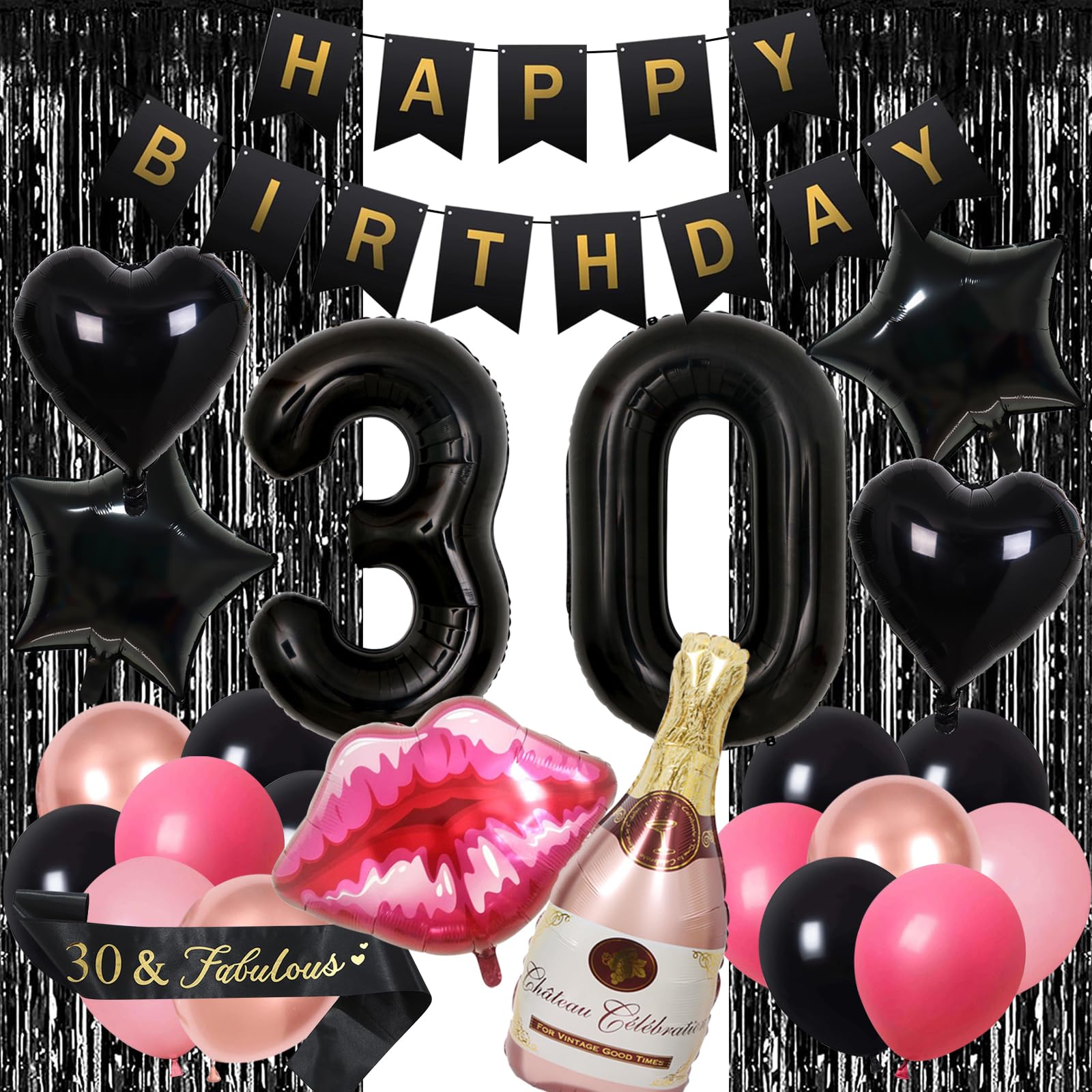 30th Birthday Decorations for Women, Black Pink 30 Birthday Decorations for Her, Black 30 Balloon Numbers, 30th Birthday Sash, Happy Birthday Banner, Dirty 30 Decorations for Her