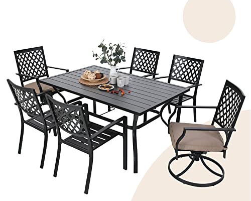 MFSTUDIO 7-Piece Metal Outdoor Patio Dining Set with 6 Armrest Chairs and 1 Steel Rectangular Table with 1.57“ Umbrella Hole, L60 x W38 x H28 Table, 4 Backyard Garden Chairs, 2 Swivel Chairs, Black