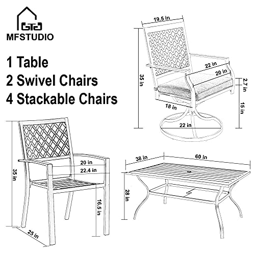 MFSTUDIO 7-Piece Metal Outdoor Patio Dining Set with 6 Armrest Chairs and 1 Steel Rectangular Table with 1.57β Umbrella Hole, L60 x W38 x H28 Table, 4 Backyard Garden Chairs, 2 Swivel Chairs, Black