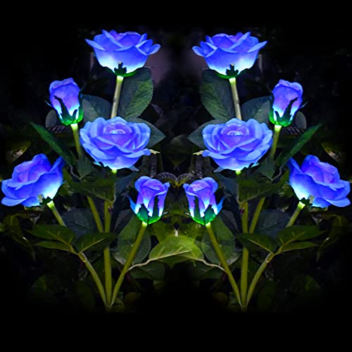 Outdoor Realistic Solar Powered Rose Flower Lights Stake,2 Pack 10 Rose Solar Garden Decorative Waterproof Lights for Backyard Patio Pathway Xmas Decoration-Blue