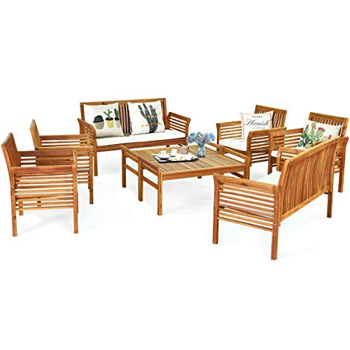 Tangkula 4 Piece Outdoor Acacia Wood Sofa Set w/Water Resistant Cushions, Padded Patio Conversation Table Chair Set w/Coffee Table for Garden, Backyard, Poolside (2)
