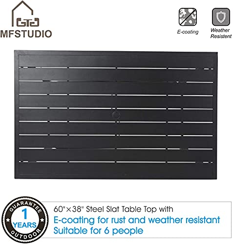 MFSTUDIO 7-Piece Metal Outdoor Patio Dining Set with 6 Armrest Chairs and 1 Steel Rectangular Table with 1.57β Umbrella Hole, L60 x W38 x H28 Table, 4 Backyard Garden Chairs, 2 Swivel Chairs, Black