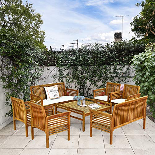 Tangkula 4 Piece Outdoor Acacia Wood Sofa Set w/Water Resistant Cushions, Padded Patio Conversation Table Chair Set w/Coffee Table for Garden, Backyard, Poolside (2)
