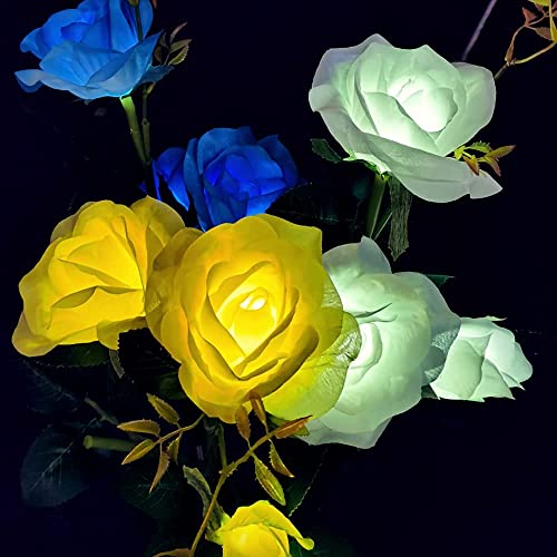 Outdoor Realistic Solar Powered Rose Flower Lights Stake,2 Pack 10 Rose Solar Garden Decorative Waterproof Lights for Backyard Patio Pathway Xmas Decoration-Blue