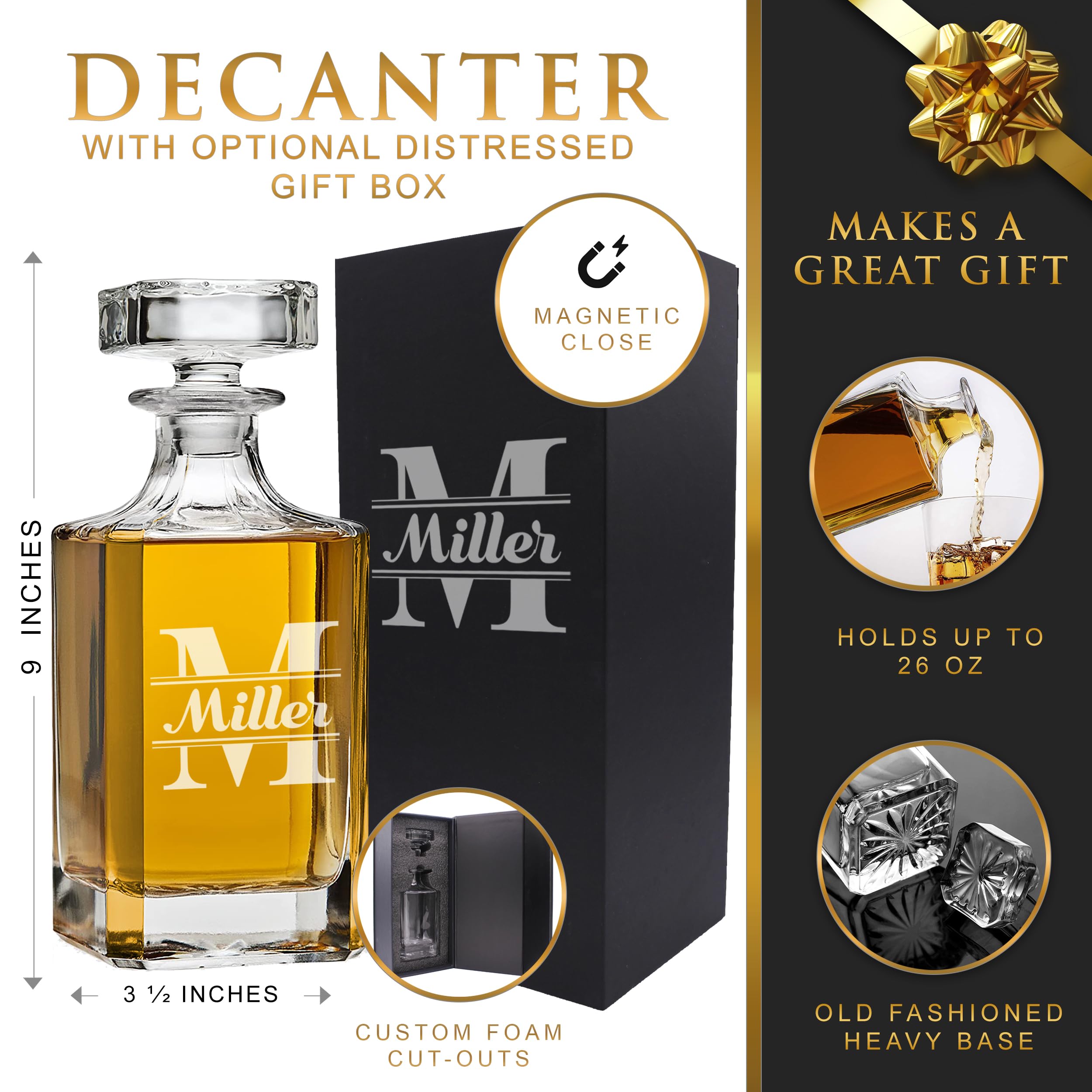 The Wedding Party Store Custom Personalized 26 oz Glass Whiskey Decanter with Lid and Stopper - Engraved with Name (Original Design)