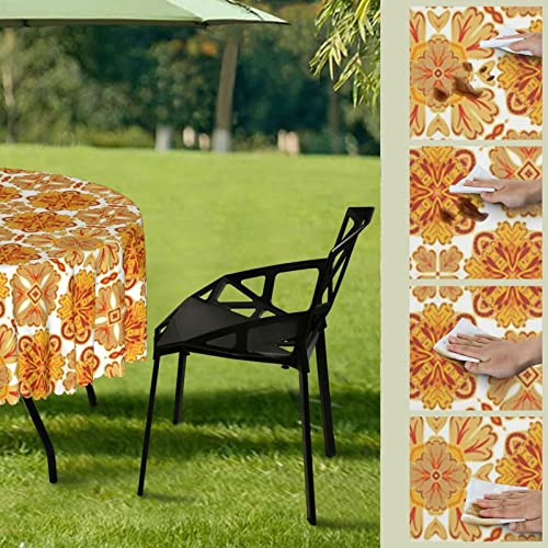 Autumn Damask Pattern round outdoor tablecloth,Round Tablecloth with Umbrella Hole and Zipper for Patio Garden,Waterproof Spill-Proof,for patio table with umbrella(72" Round,Dark Mustard and Paprika)