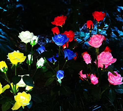 Outdoor Realistic Solar Powered Rose Flower Lights Stake,2 Pack 10 Rose Solar Garden Decorative Waterproof Lights for Backyard Patio Pathway Xmas Decoration-Blue