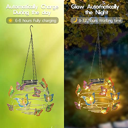 2 Pack Butterfly Solar Lights Outdoor Hanging Solar Lantern with Handle, Solar Powered Butterflies Garden Decor for Outside Patio Yard Porch Pathway Butterfly Gifts for Women (Warm White LED Lights)