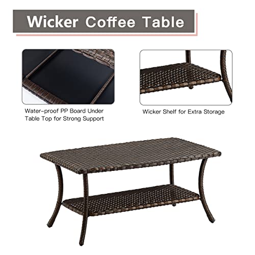 HUMMUH Wicker Patio Coffee Table,Rattan Outdoor Coffee Table with 2-Layer Storage Furniture Tables for Garden,Porch,Backyard