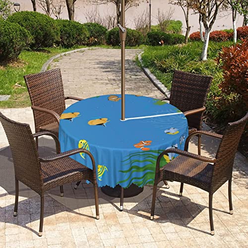 Lirduipu Aquarium Leaf Pattern Round Outdoor Tablecloth,Outdoor Round Tablecloth with Umbrella Hole - Water Resistant Spillproof,for Umbrella Table Patio Garden(72" Round,Multicolor)