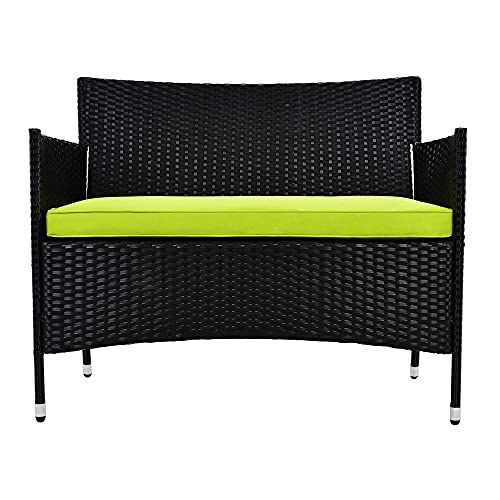 XXXDXDP 4PCS Patio Furniture Outdoor Garden Conversation Set Black Wicker 2 Armchairs+1 Double Sofa+1 Table w/Green Cushion