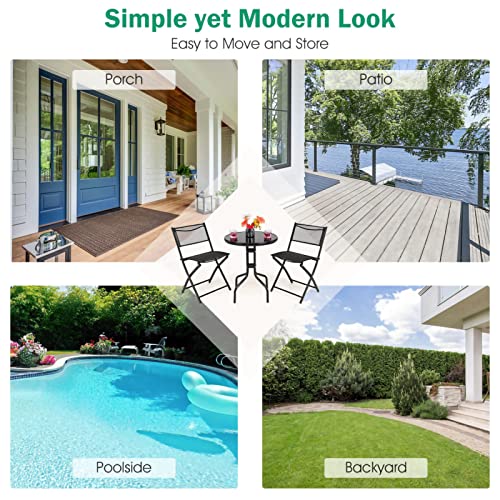UIIAIOUIAIO 3 Piece Folding Patio Bistro Set, Metal Chairs & Table Set, Outdoor Patio Furniture Set for Garden, Front Porch, Poolside, No Assembly Needs