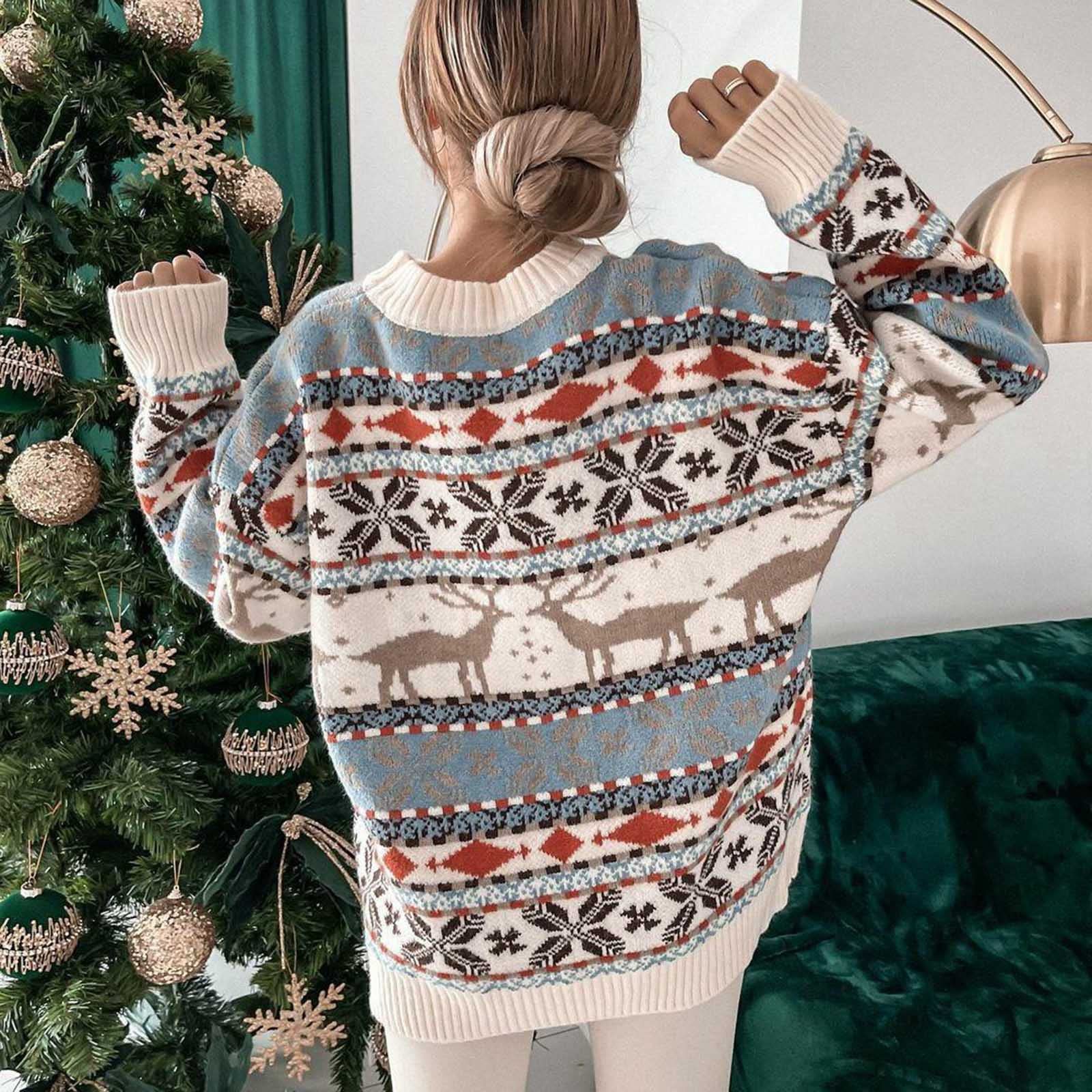 EKVAHL Women's Christmas Tree Snowflake Knitted Sweater Pullover Cute Crew Neck Long Sleeve Xmas Sweater Women Casual Loose Sweater Graphic Oversized Pullover Sweaters Top