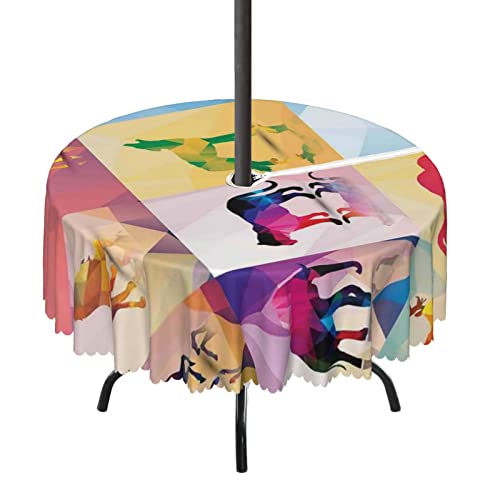 Lirduipu Animal Pattern Round Outdoor Tablecloth,Round Tablecloth with Umbrella Hole and Zipper for Patio Garden,Waterproof Spill-Proof,for Backyard Party BBQ Decor(72" Round,Multicolor)
