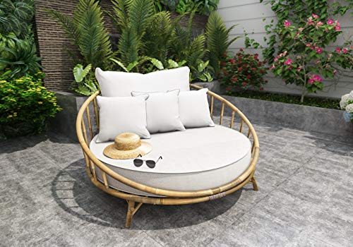 Zew Bamboo Daybed Outdoor Indoor Large Accent Sofa Chair Lawn Pool Garden Seating with Cushion and Pillows Natural Rattan Round Sofabed v.2021