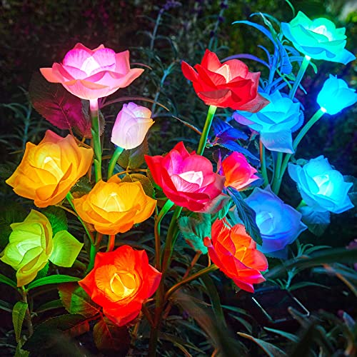 Solar Garden Lights Outdoor Decorative, RECHOO 3 Pack Solar Garden Lights with 15 Rose Flowers, Multi-Color Changing LED Waterproof Solar Powered Garden Decor for Patio Yard Pathway Decoration