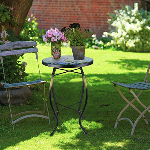 MUMTOP Outdoor Side Tables Patio Table 14’’ Round Mosaic Accent Table Peacock Glass Plant Stand Decor for Garden, Balcony Indoor Use…