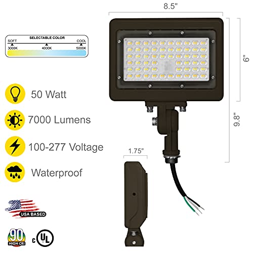 NUWATT LED Flood Light Outdoor 50W, Waterproof LED Flood Light with 1/2" Knuckle Mount, 7050 Lumens, 3CCT Color Selectable LED Flood Light for Yard Garden Garage Commercial, 100-277V, Bronze Finish