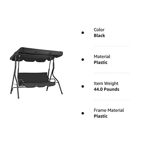 Patio Swing with Canopy Backyard Swing Outdoor Swing Chair with Adjustable Tilt Canopy Removable Cushions Stable Frame Comfortable Armrests for Patio Outdoor Backyard Garden Black