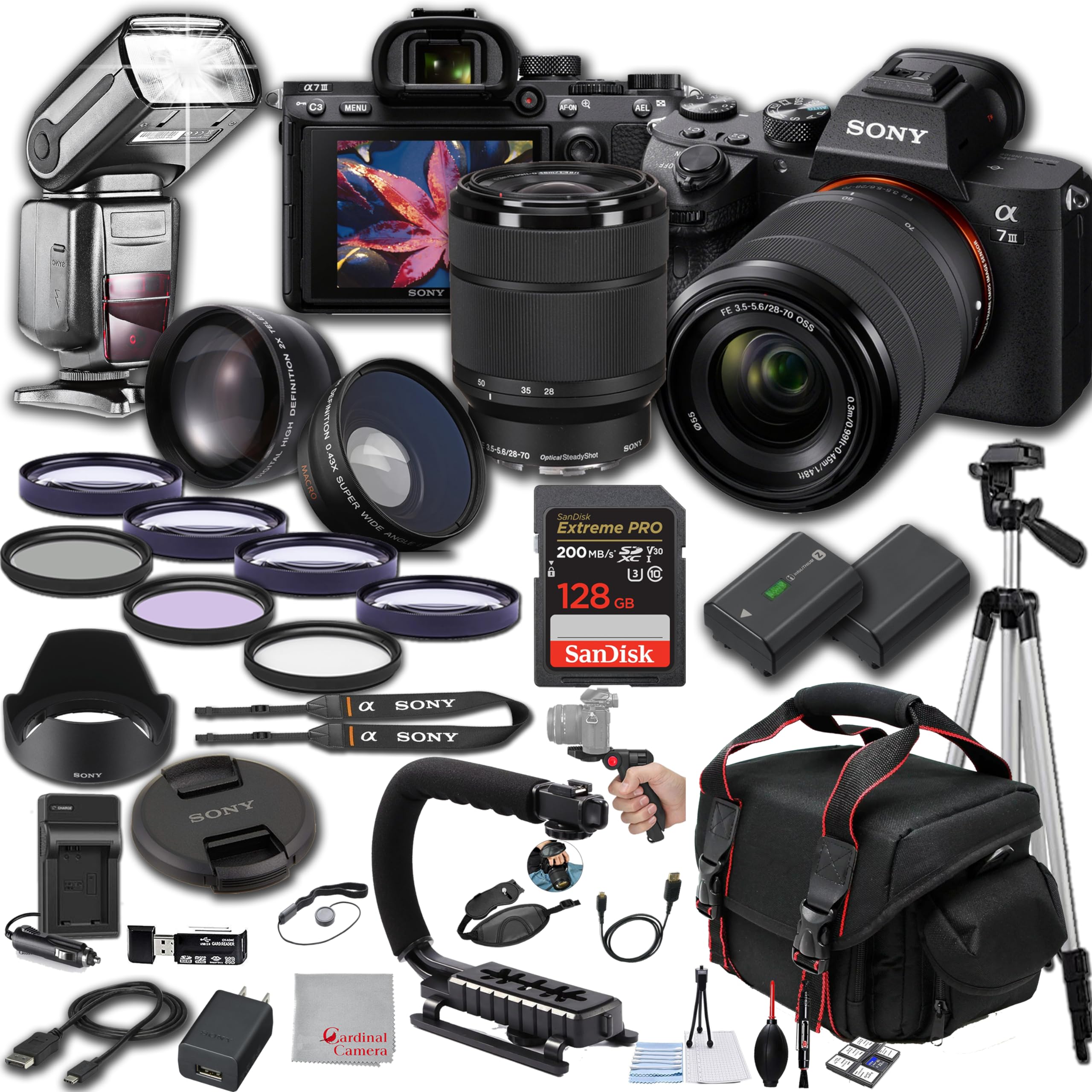 Sony a7 III Mirrorless Digital Camera 24MP w/ 28-70mM Lens, 128GB Extreem Memory, TTL Pro Flash, Filters, Lenses, Case Tripod, Grip, and More β Pro Photo Bundle (40pc Bundle)