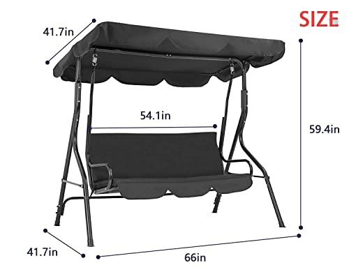 Patio Swing with Canopy Backyard Swing Outdoor Swing Chair with Adjustable Tilt Canopy Removable Cushions Stable Frame Comfortable Armrests for Patio Outdoor Backyard Garden Black