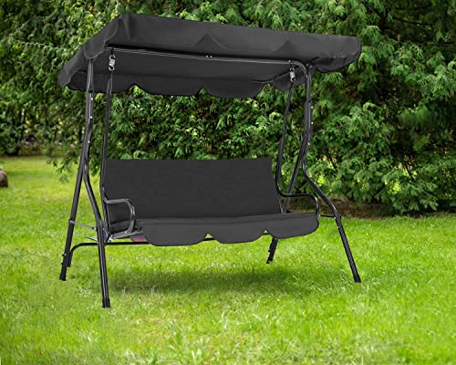 Patio Swing with Canopy Backyard Swing Outdoor Swing Chair with Adjustable Tilt Canopy Removable Cushions Stable Frame Comfortable Armrests for Patio Outdoor Backyard Garden Black
