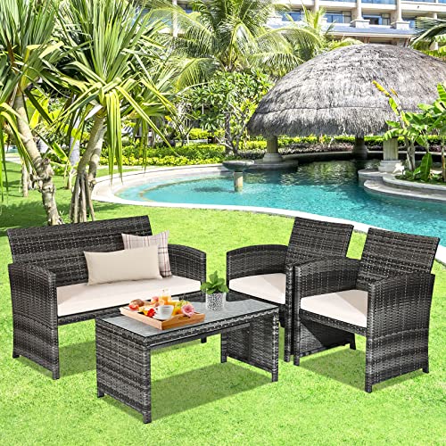 RELAX4LIFE 4-Piece Wicker Furniture Set - Hand-Woven PE Conversation Set with Cushions and Tempered Glass Coffee Table, Outdoor Rattan Sofas for Garden, Poolside, Backyard (White)