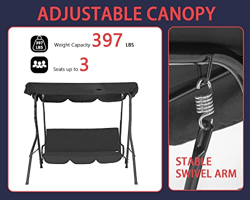 Patio Swing with Canopy Backyard Swing Outdoor Swing Chair with Adjustable Tilt Canopy Removable Cushions Stable Frame Comfortable Armrests for Patio Outdoor Backyard Garden Black