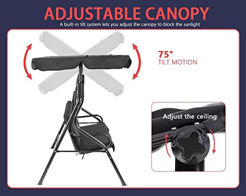 Patio Swing with Canopy Backyard Swing Outdoor Swing Chair with Adjustable Tilt Canopy Removable Cushions Stable Frame Comfortable Armrests for Patio Outdoor Backyard Garden Black
