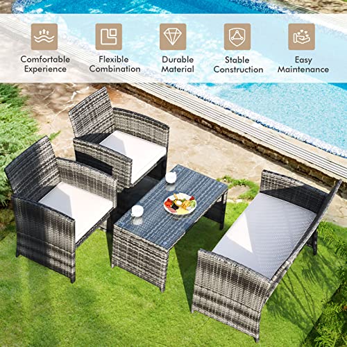 RELAX4LIFE 4-Piece Wicker Furniture Set - Hand-Woven PE Conversation Set with Cushions and Tempered Glass Coffee Table, Outdoor Rattan Sofas for Garden, Poolside, Backyard (White)