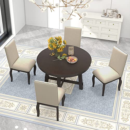 Cutimrke Farmhouse Wood Round Upholstered, Chair with Wingback and Button Tufting, Seats up to 4, for Restaurant, Kitchen (Espresso), 5 Piece Dining Table Set + Extendable Table